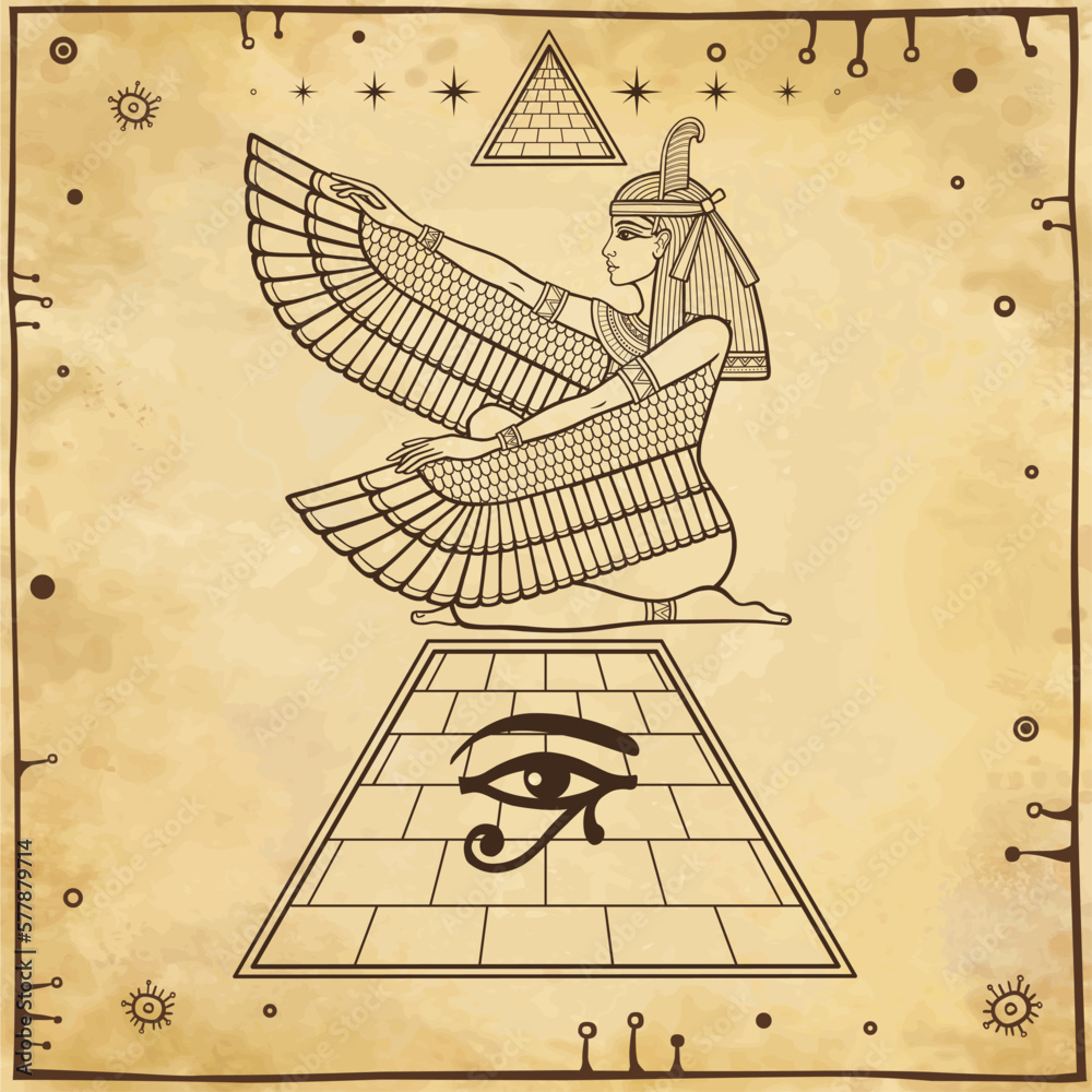 Mystical linear drawing: winged goddess Isis at top of the Egyptian ...