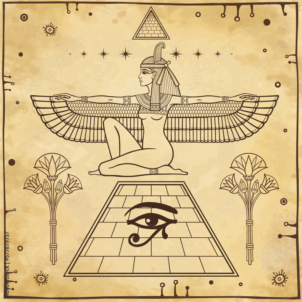Mystical linear drawing: winged goddess Isis at top of the Egyptian ...