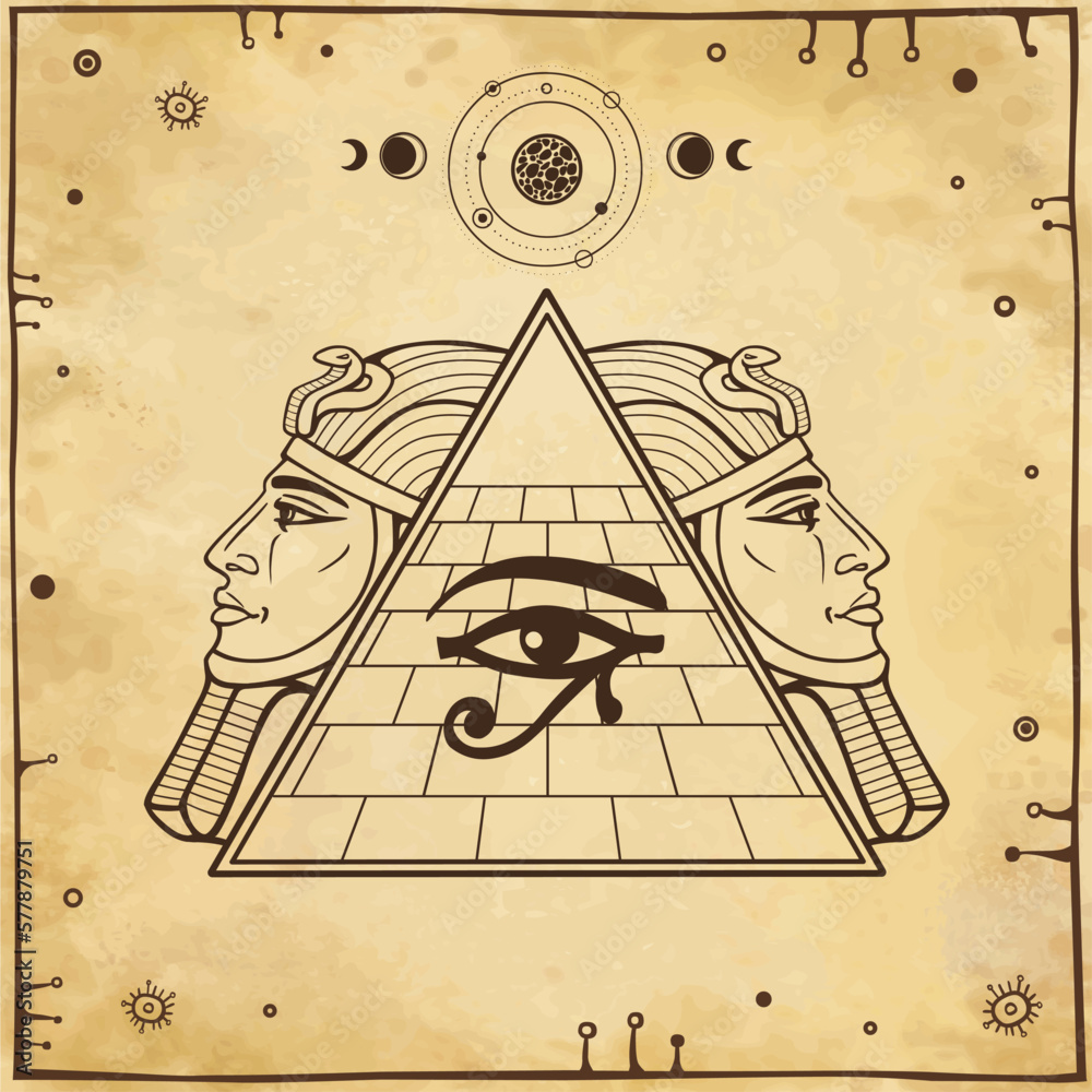 Animation drawing: symbol of Egyptian pyramid, eye of Horus, profile of ...
