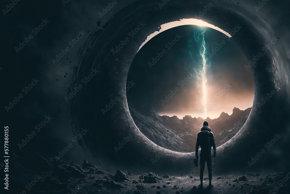Spaceman travel through the space with mysterious sci-fi fantasy portal ...
