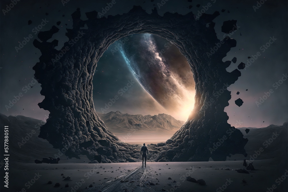 Spaceman travel through the space with mysterious sci-fi fantasy portal ...