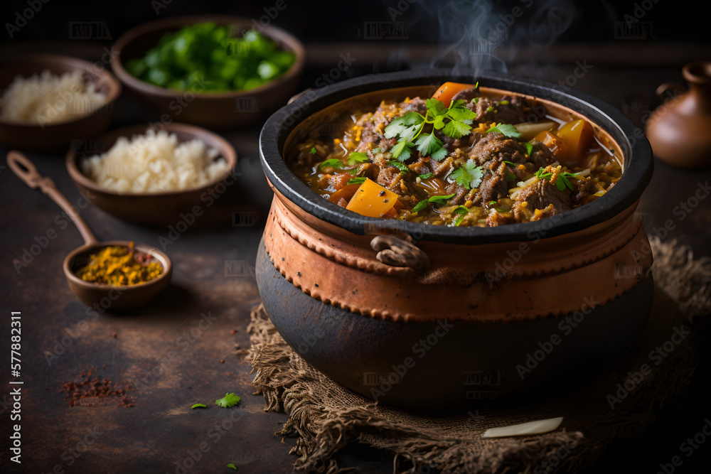 dum handi mutton biryani or gosht pilaf is prepared in an earthen or ...