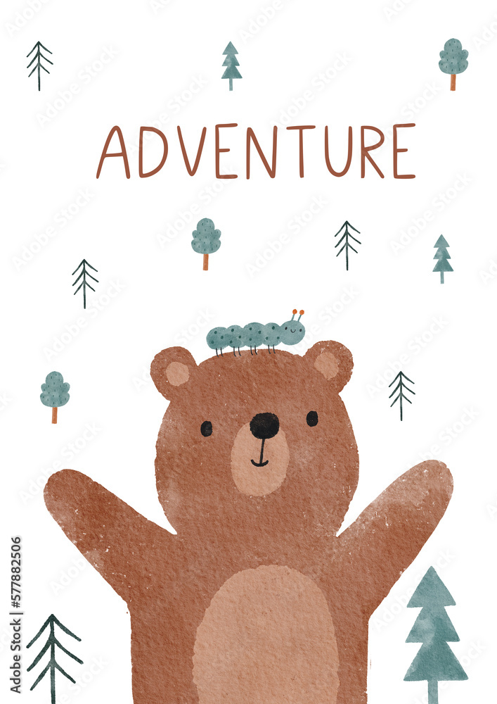 Watercolor woodland animals illustration. Cute cartoon poster for kids ...