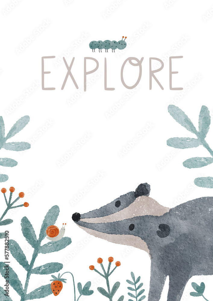 Watercolor woodland animals illustration. Cute cartoon poster for kids ...