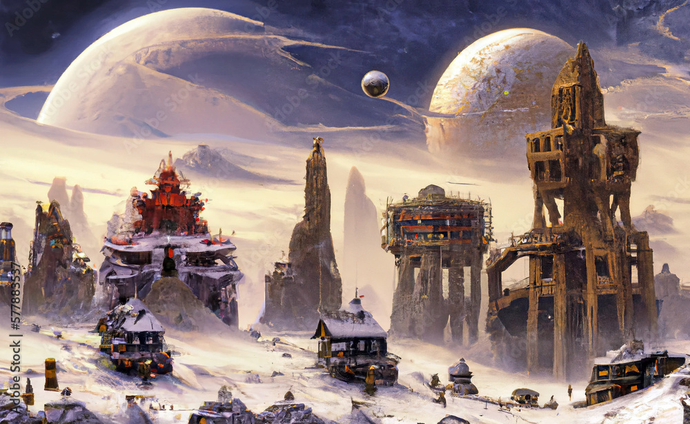 Civilization on a planet in outer space with houses and other buildings ...