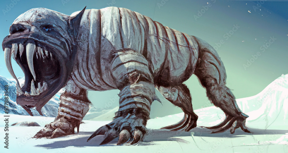 A fantasy alien monster resembling a saber-toothed tiger stands and ...