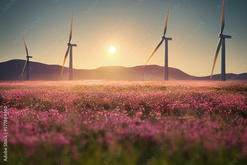 Front view of wind turbines on the flowering meadow: A wind farm ...