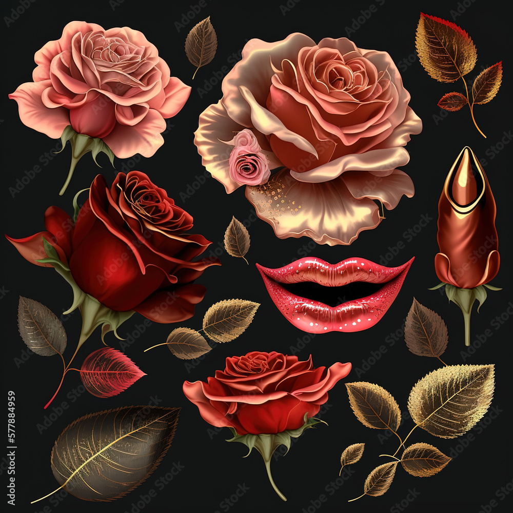 Romantic set of roses and lips for valentine day and love illustration ...