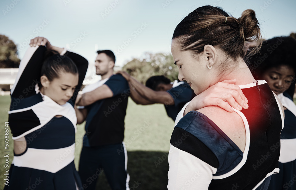 Cheerleader, sports or woman with shoulder pain, injury or accident on ...