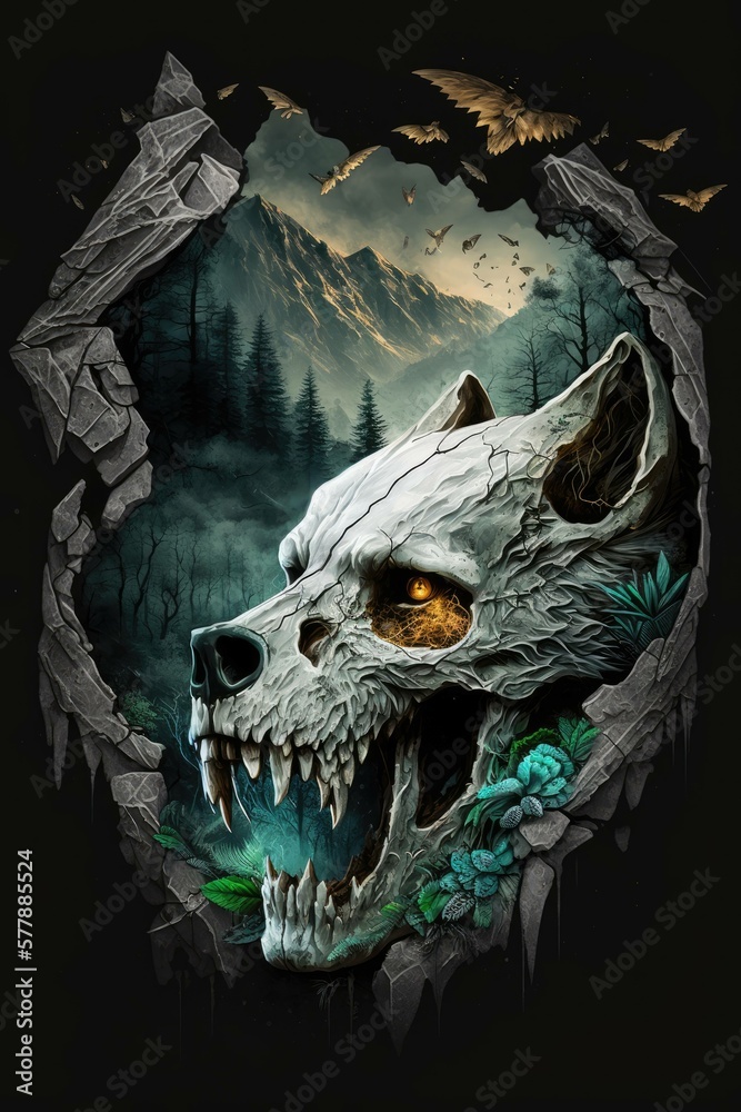 wolf skull in a wild, rugged setting,Captivating Poster, Illustration ...