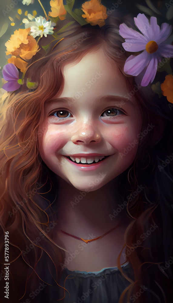 painting little girl flowers hair smiling playfully character head ...