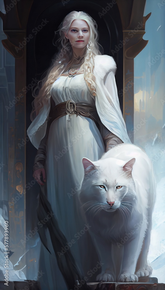 woman white dress standing next cat fantasy art blonde elvish empress ...
