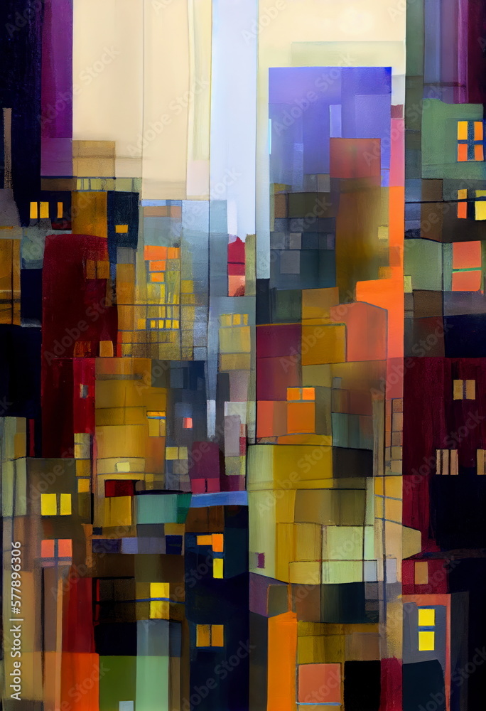 painting city tall buildings abstract color palette thick layers ...
