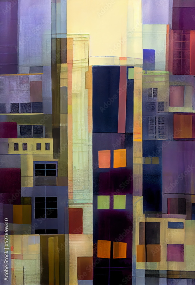 painting city tall buildings yellow purple tones transparent corrugated ...