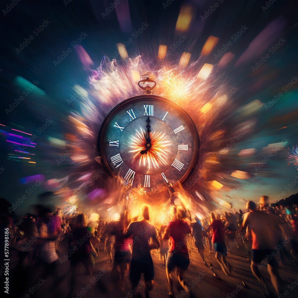 A lot of people running in time, towards a big clock, passing of life ...