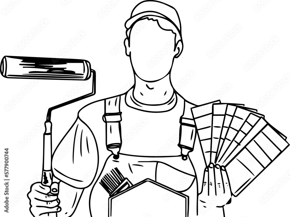 Hand-drawn outline sketch of a professional painter holding a roller ...