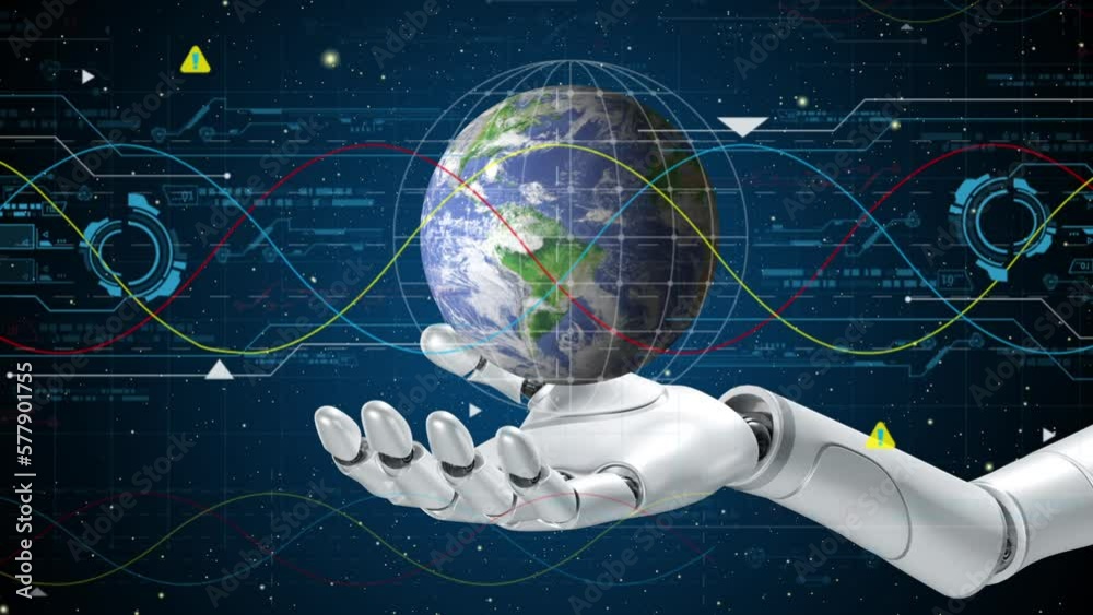 Robot hand shows rotating virtual earth hologram. AI artificial ...