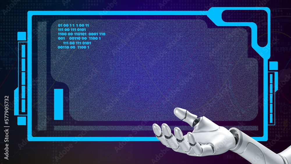 Robot hand showing empty space of HUD UI display screen. Futuristic ...