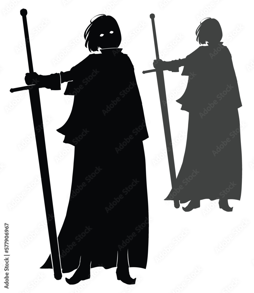A black silhouette of a female knight leaning on a long two-handed ...