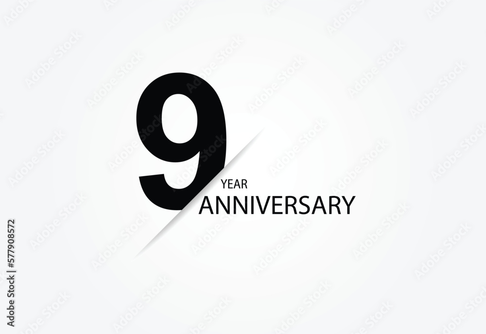 9 years anniversary logo template isolated on white, black and white ...