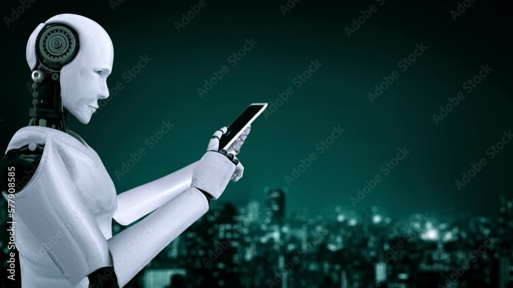 Robot hominoid use mobile phone or tablet for global network connection ...