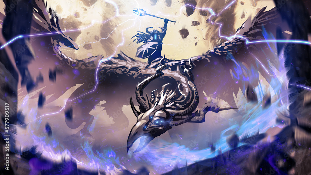 A silhouette with a sinister knight in heavy armor with shield and an ...