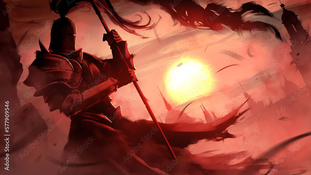 A dramatic silhouette of a knight in plate armor against bright scarlet ...