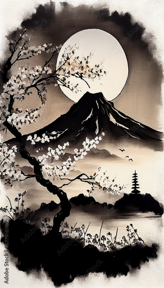 Japan traditional sumi - e painting, Fuji mountain, sakura, moon, Japan ...