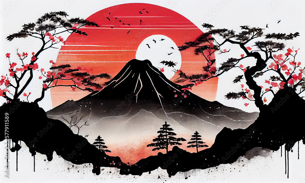 Japan traditional sumi - e painting, Fuji mountain, sakura, sunset ...