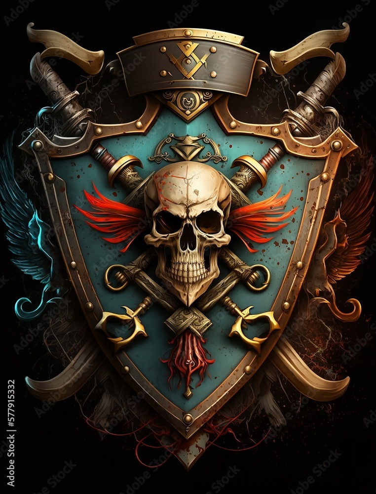Skull and Crossbones Pirate Shield Coat of Arms Generative AI Stock ...