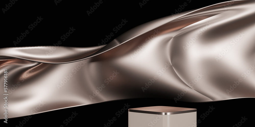 Silver color podium on silver fabric flying wave. Luxury background for ...