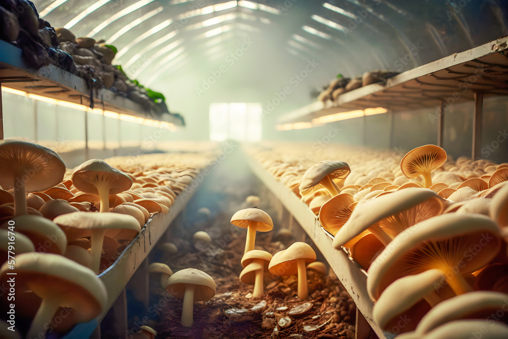 Organic mushrooms growing on mushroom farm. Mushroom cultivation ...