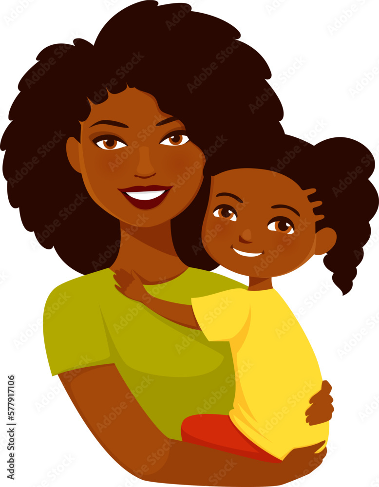 cartoon illustration of a beautiful African American mother holding her ...