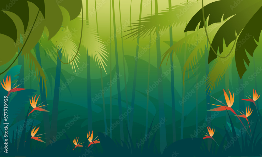 Jungle. Gradient background with palm branches, creepers and tropical ...