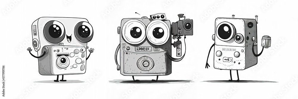 Vintage camera characters with minimalistic hand-drawn sketch on white ...