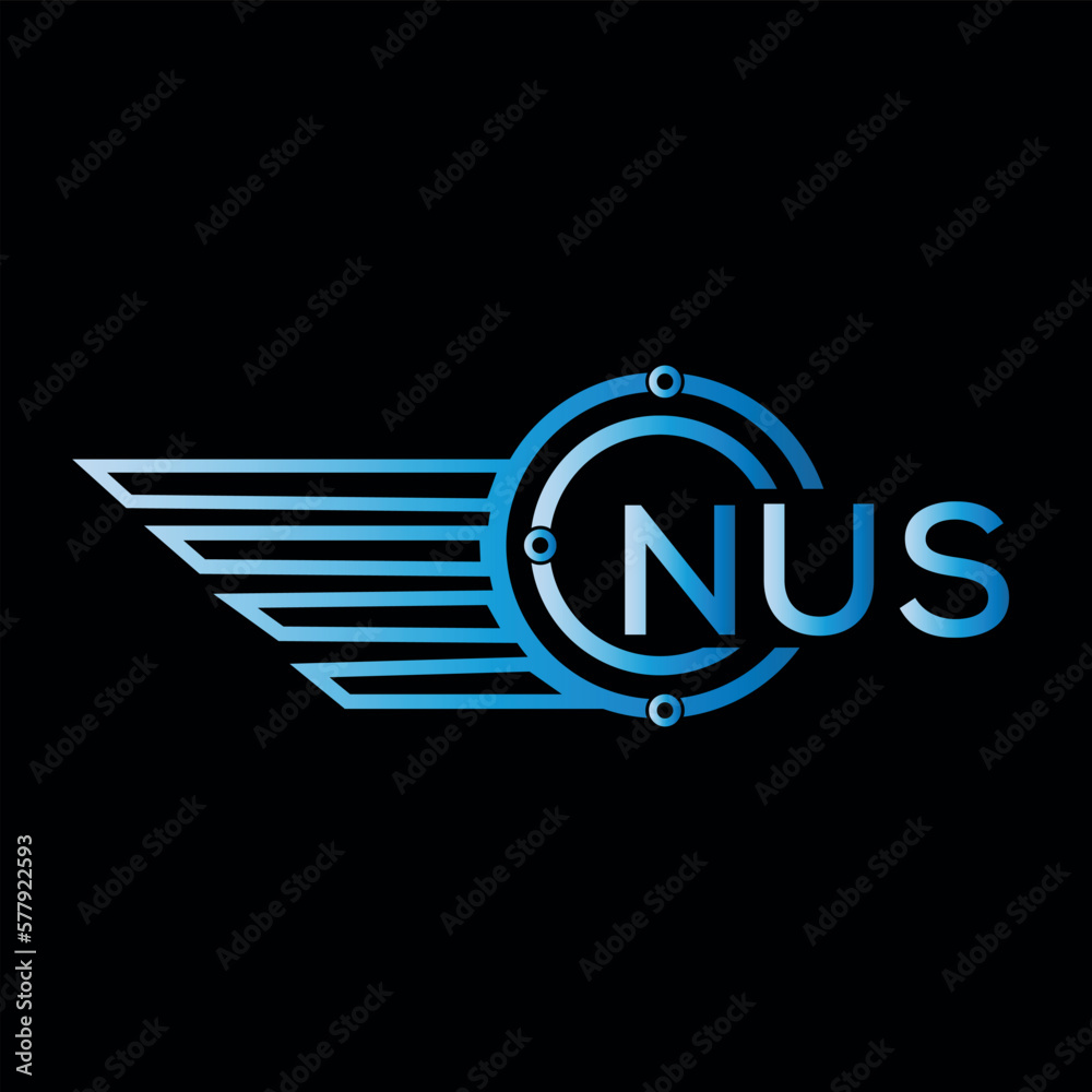 NUS letter logo. NUS blue vector image on black background. NUS ...