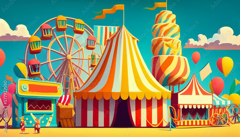 Colorful cartoon style carnival amusement park and funfair background ...