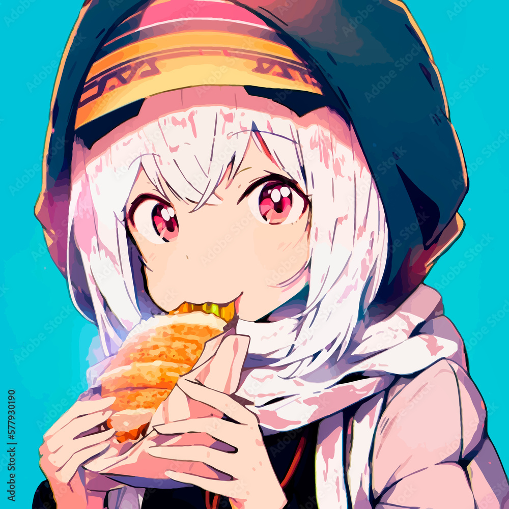 ภาพประกอบสต็อก Cute anime manga girl eating a sandwich. Vector ...