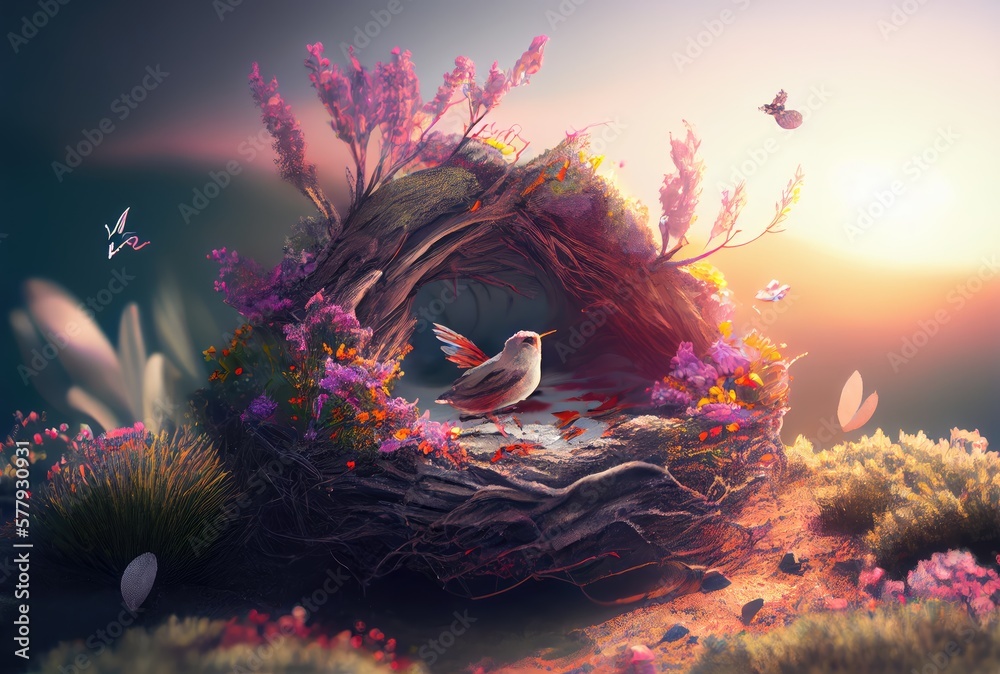 Bird nest on the ground in forest illustration fantasy background ...