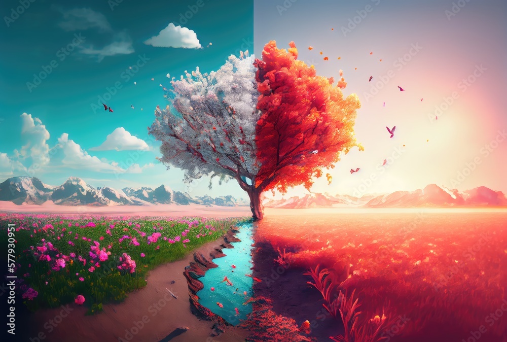 Spring and Autumn trees half comparison with sky illustration fantasy ...