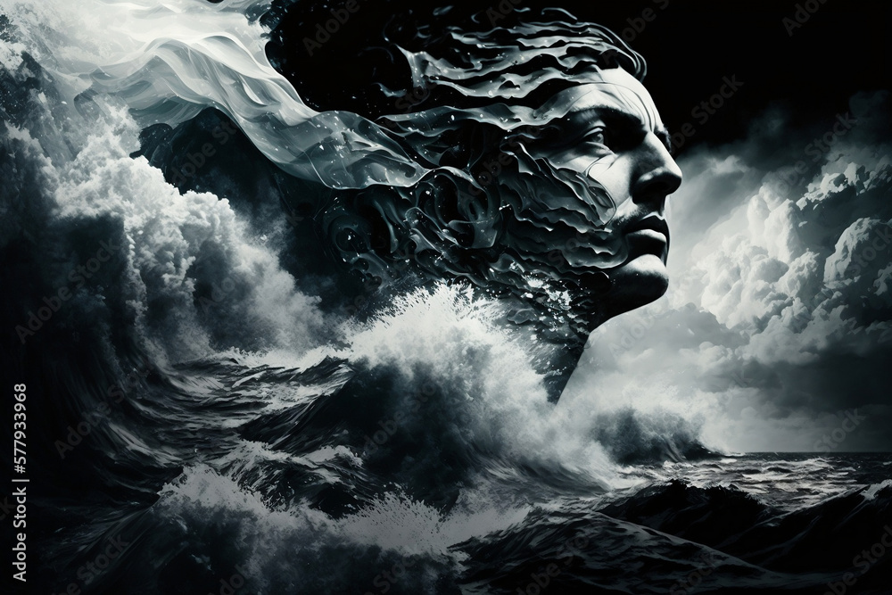 Abstract of human's face combined with a splash of sea waves. Mental ...
