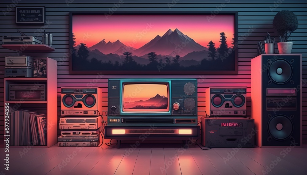 Synthwave 80s retro design. Detalied retro background style 80s. AI ...