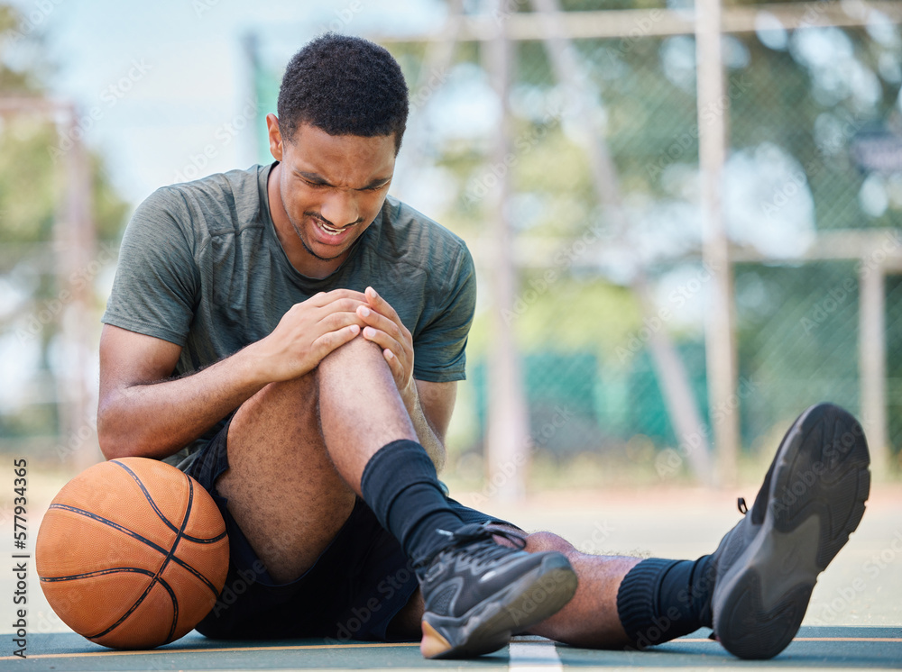 Basketball court, man and injury, knee pain and joint pain, fitness ...