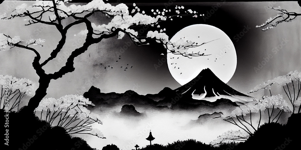 Spring japan traditional painting, landscape of sakura blooming, night ...