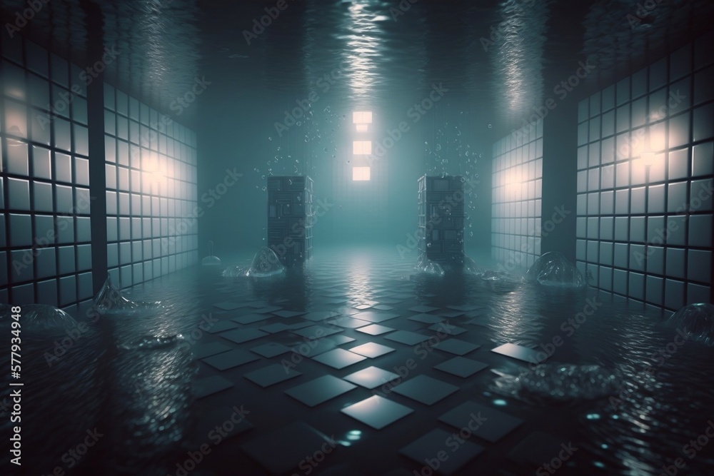 3D render of a room fully filled of water, lights under water and white ...
