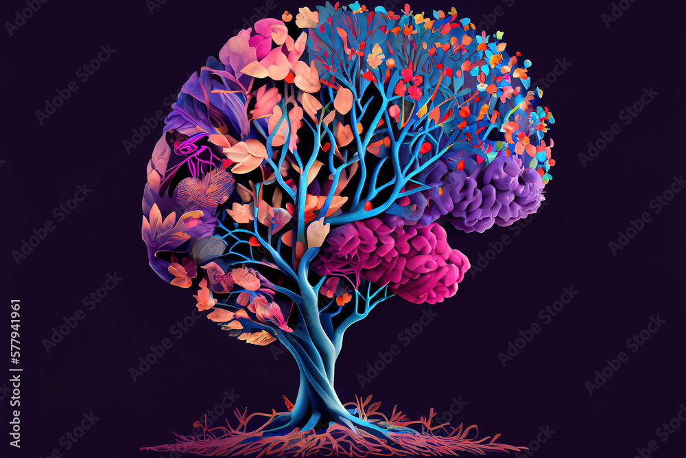 Human brain tree with flowers and butterflies, self care and mental ...