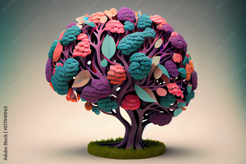 Human brain tree with flowers and butterflies, self care and mental ...