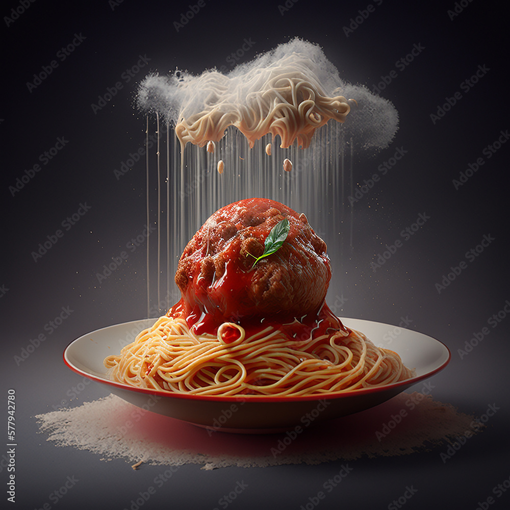 Generative AI: illustration of a plate of spaghetti and meatballs with a cloud raining cheese ...
