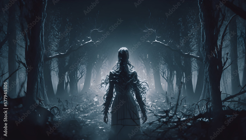 Realistic composition of scary female ghost in dark forest, Some ...