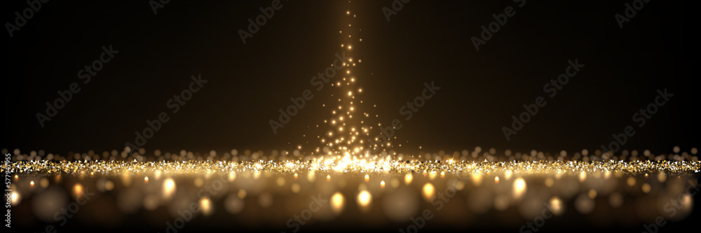 Gold glitter and sparkle of falling confetti in spotlight light beam ...